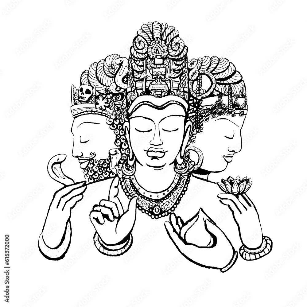 Drawing of Trimurti Idol at the Elephanta Caves. Stock Illustration ...