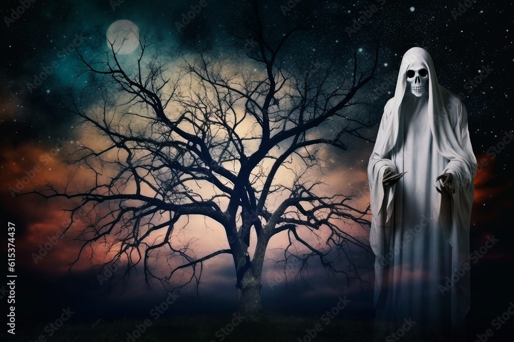 Ghost evil spirit standing over dead tree, stars, moon and night sky ...