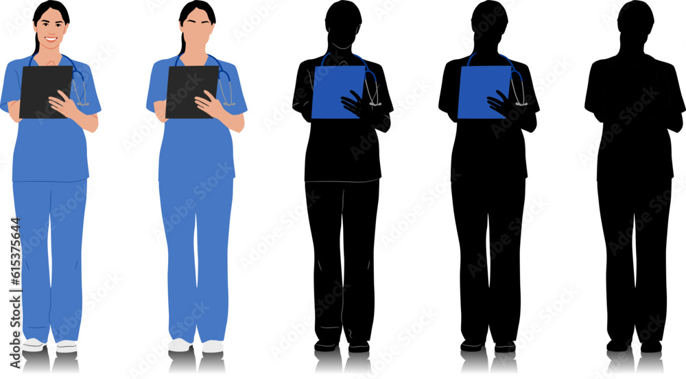 Hand-drawn female healthcare worker. Happy smiling female doctor with a ...