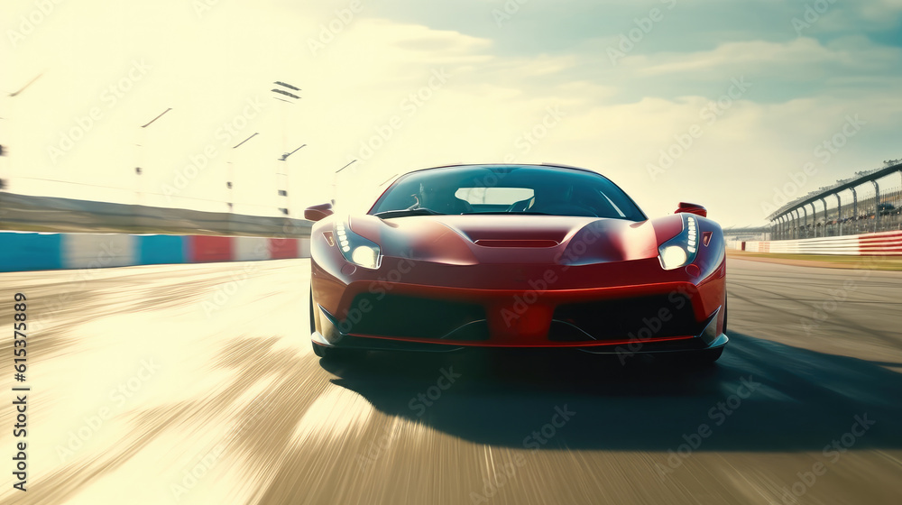 Front view of supercar, Fast moving generic sports car on a racetrack ...