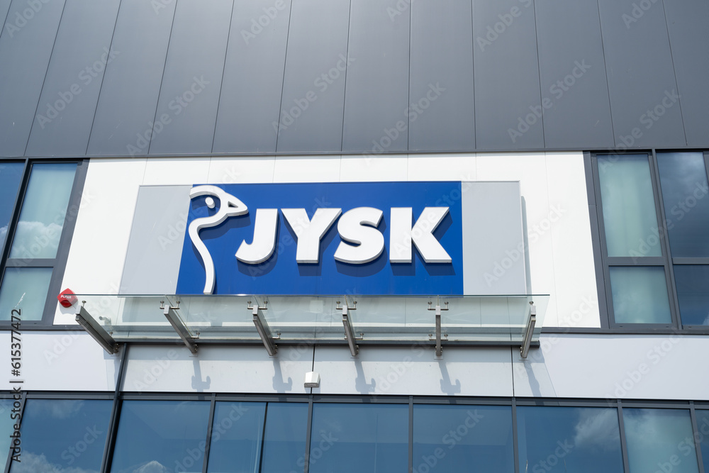 Jysk store logo sign. Home furnishing shop, Danish retail chain company ...