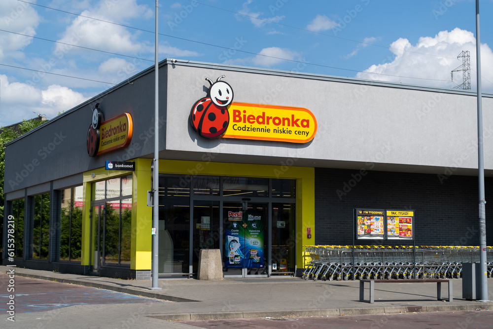 Biedronka supermarket shop with brand logo sign. Retail chain of ...