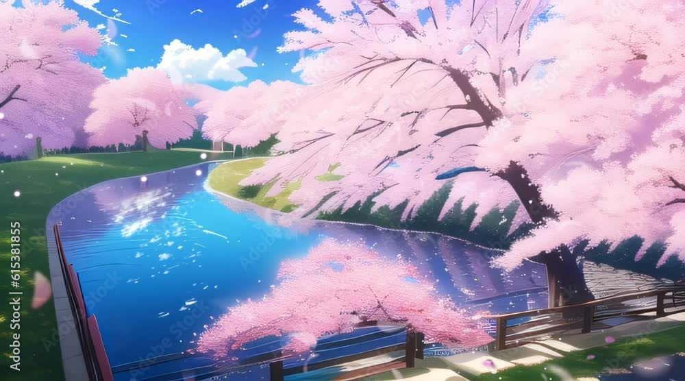 Beautiful spring summer landscape river with cherry blossoms tree ...