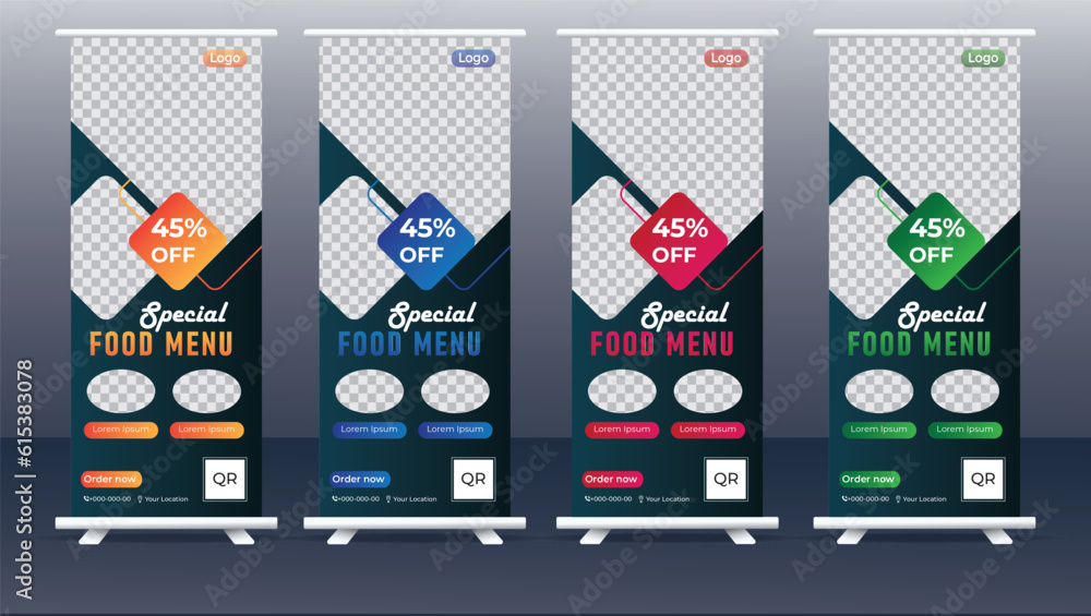 Restaurant business Roll up banner template design with three color ...