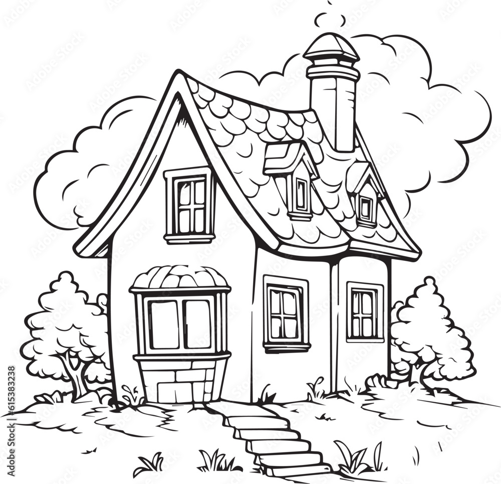 House coloring page for kids house drawing black and white iso size ...
