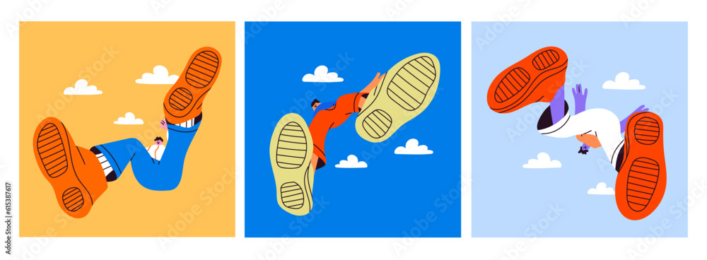 Person falling down from the sky. Bottom view, giant shoes. Flat style ...