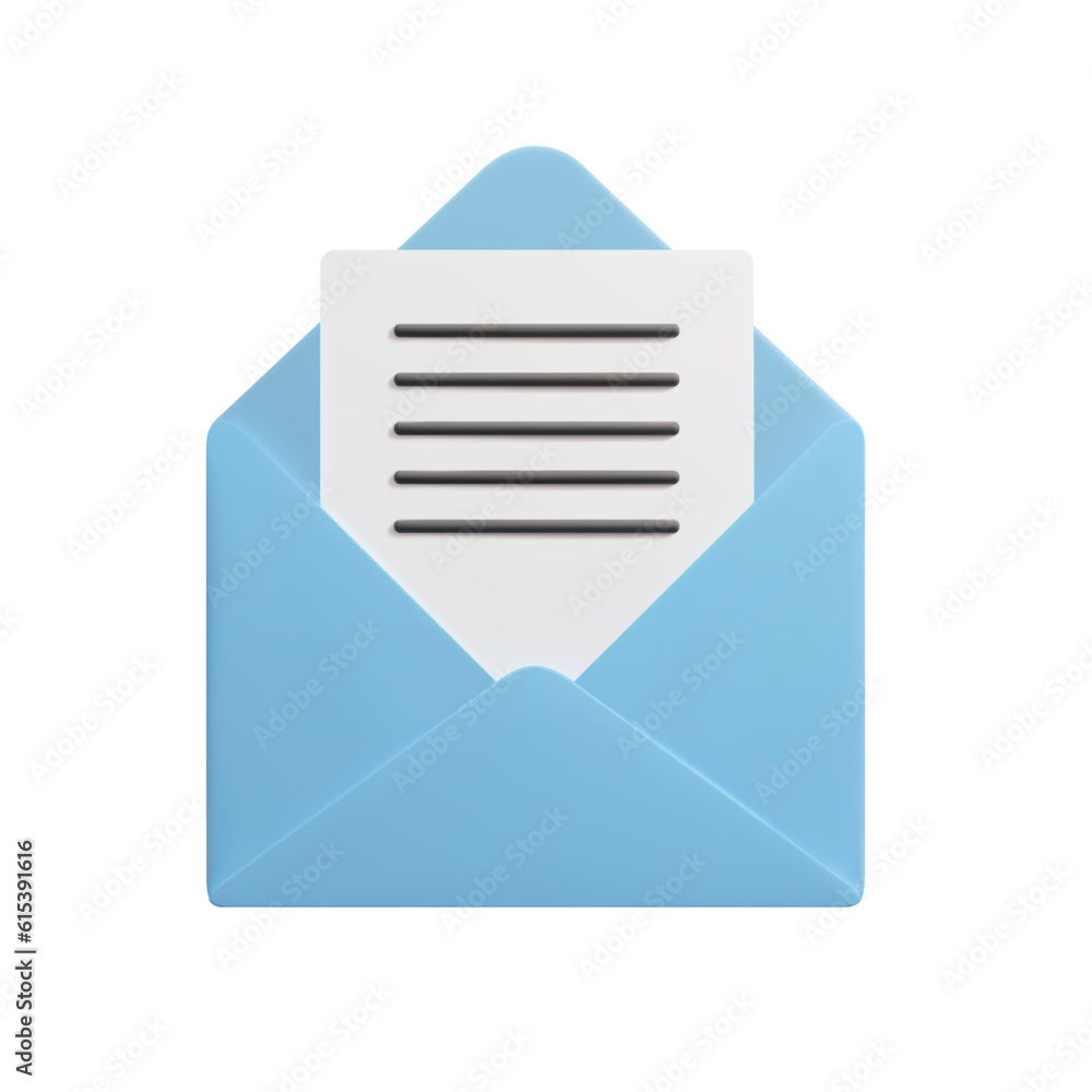 3D mail letter envelope isolated on white background. Blue open mail ...