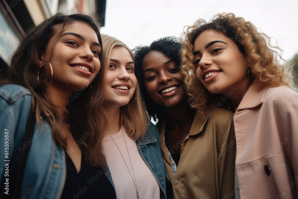 shot of a group of young friends meeting up in public to join social ...