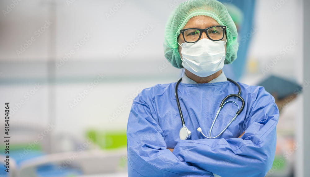 Multidisciplinary teamwork Three doctor portrait in green coat surgical ...