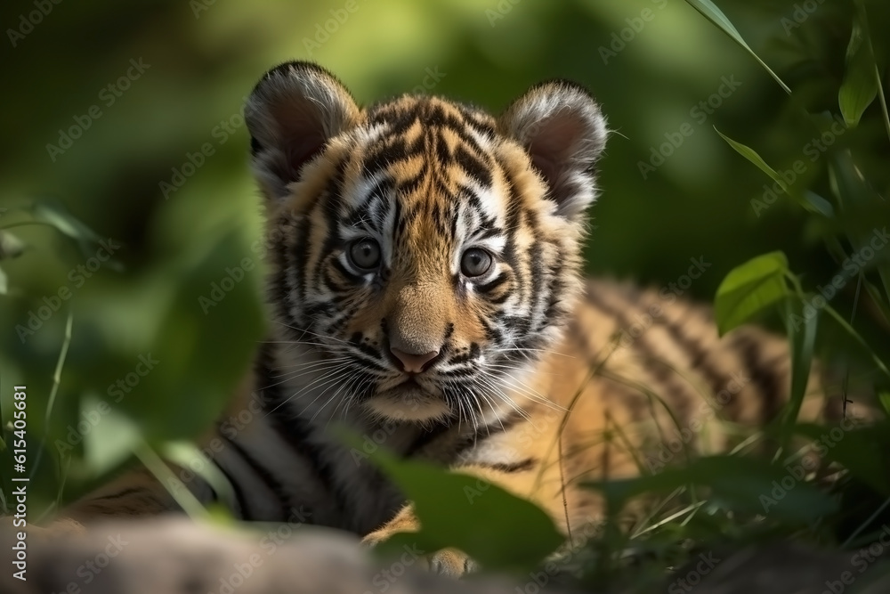Tiger cub in nature on summer forest background. Closeup animal ...