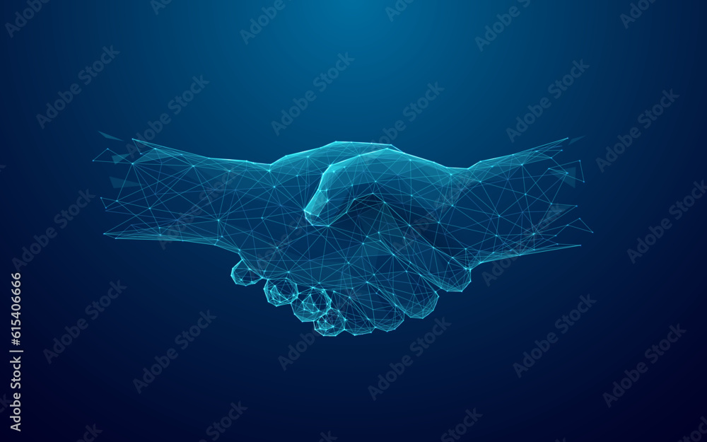Digital handshake on blue technology background. Abstract two hands in ...