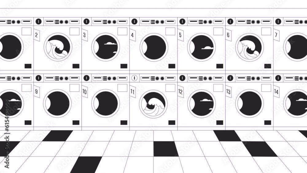 Laundry in public bw lo fi animation. Spinning dryer. Commercial ...