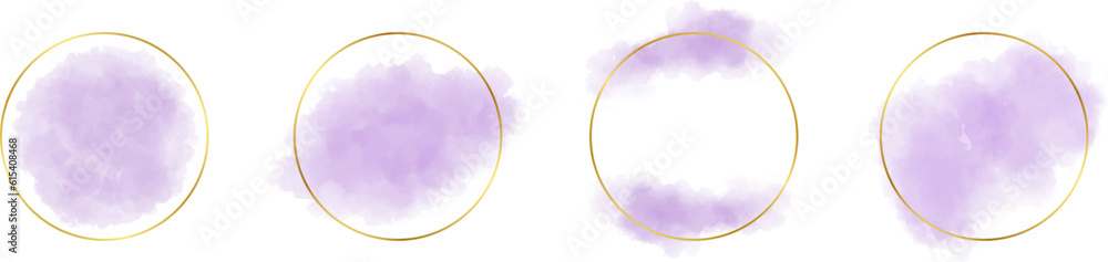 Gold frame with abstract splashes of purple watercolor brush strokes ...