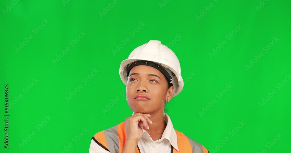 Woman, construction and pointing at list, green screen and advertising ...