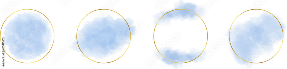 Gold frame with abstract splashes of blue watercolor brush strokes for ...