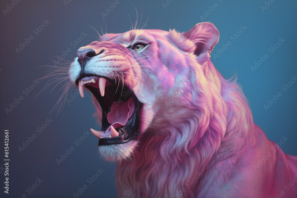 A pastel-colored Smilodon with a majestic mane, rendered in soft hues ...