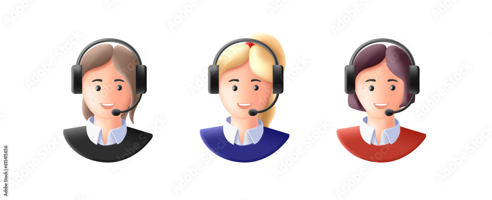 3d render style icons of call center support person with headset ...