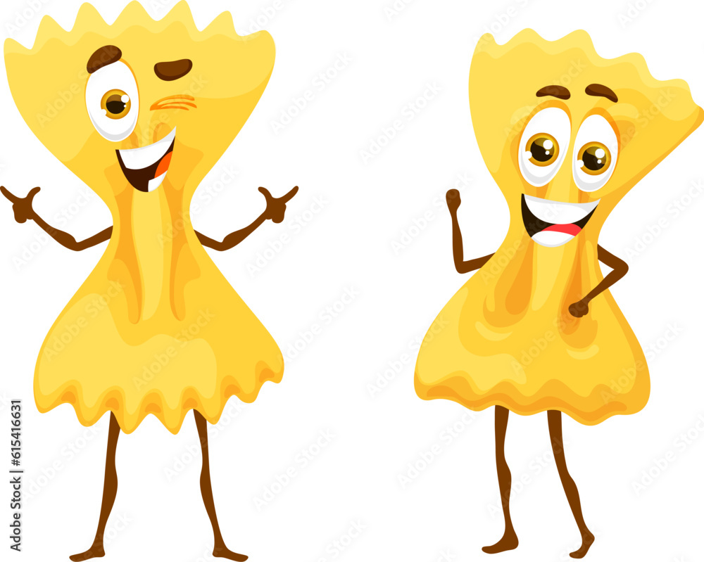 Cartoon farfalle pasta characters. Pleasant macaroni personages with ...