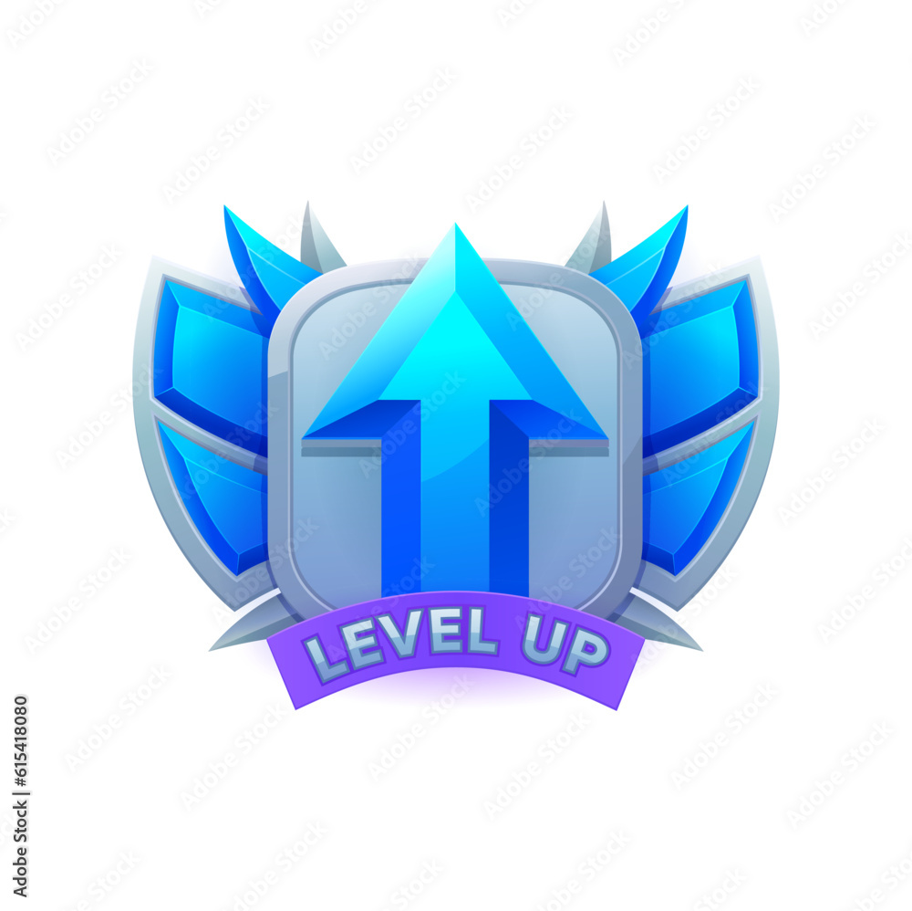 Game level up badge and win icon, UI badge with arrow and wings, vector ...