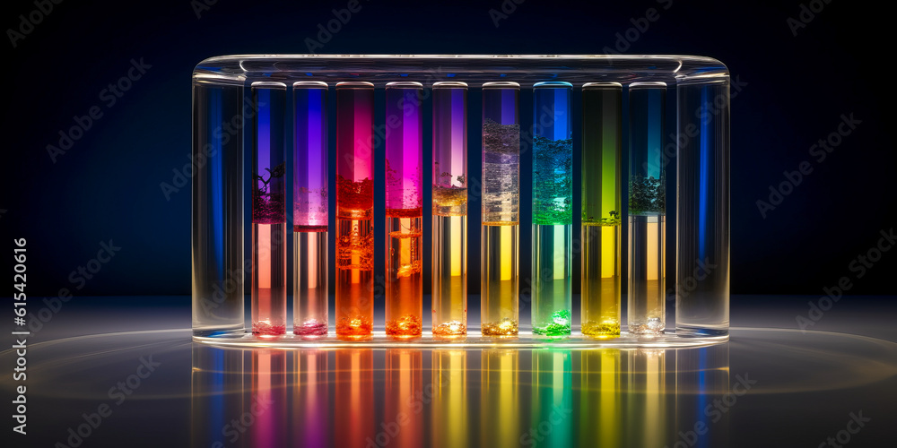 Captivating test tube with vibrant rainbow colors on reflective surface ...