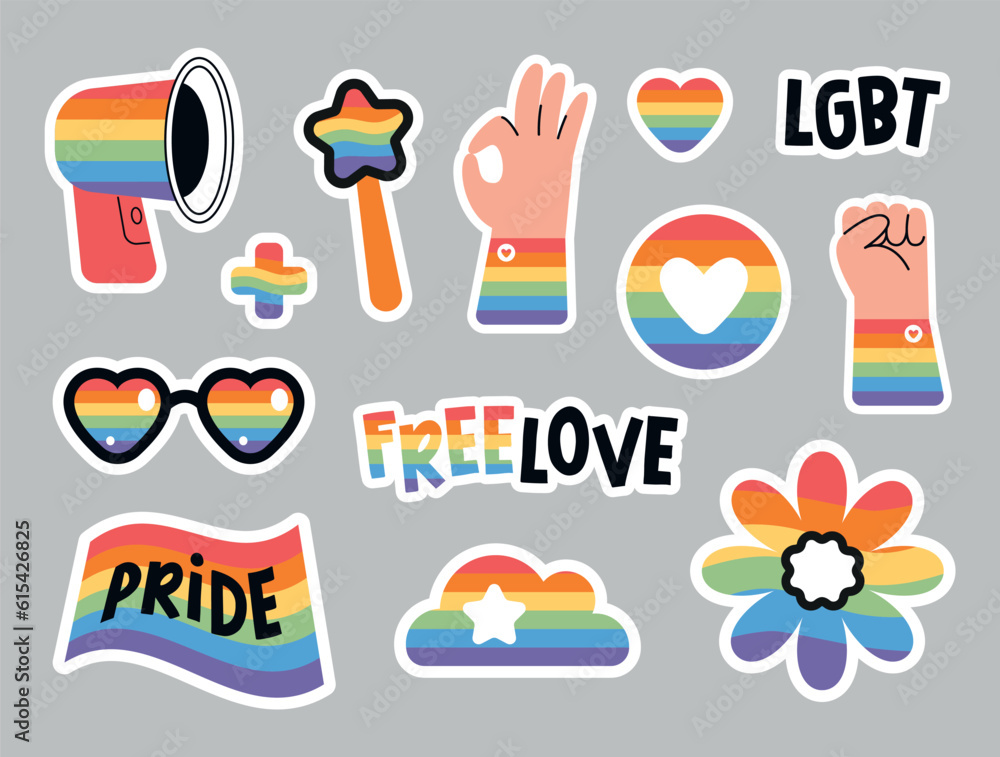 Cute sticker collection with LGBT and Pride month symbols. Flat vector ...