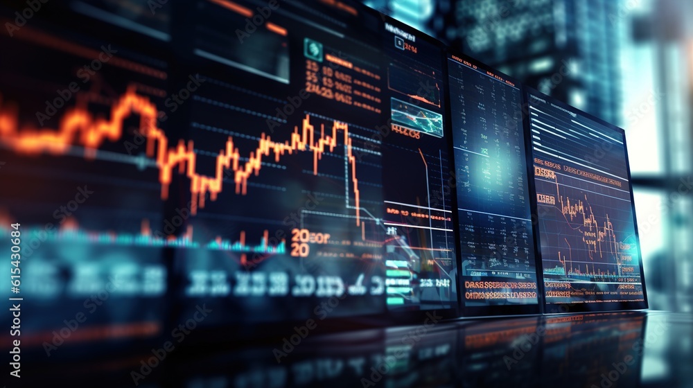 Financial charts and graphs displayed on a digital screen, illustrating ...