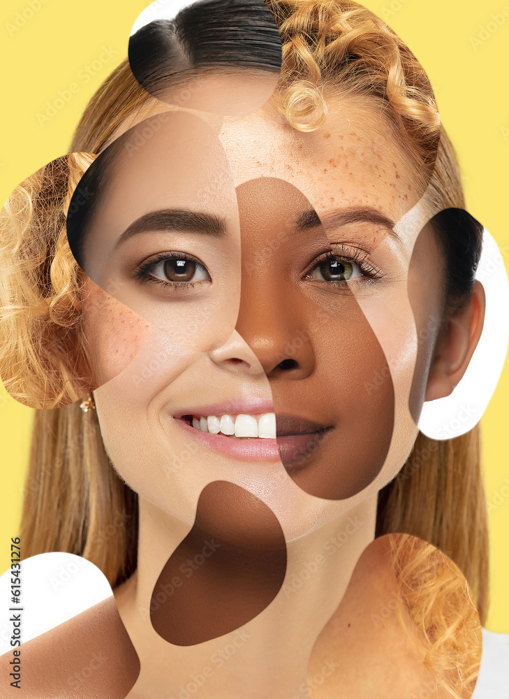 Female face made from portrait of different women of diverse age and ...