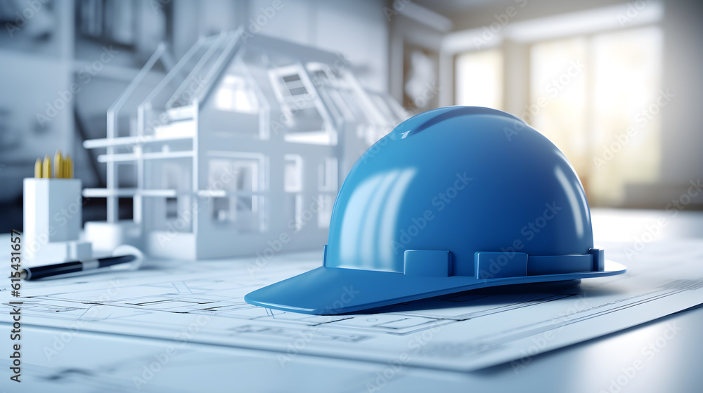 Blue construction hat on floorplan background created with Generative ...