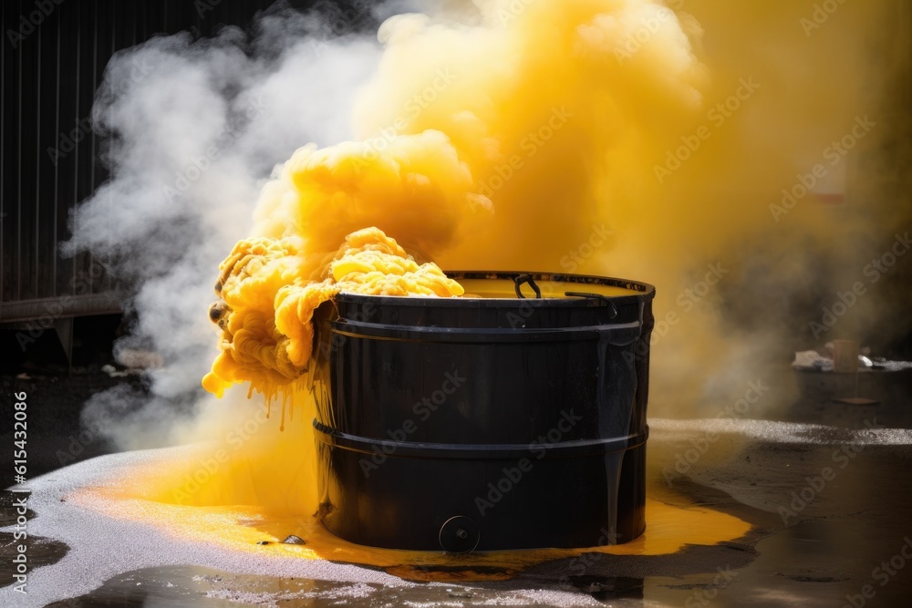 toxic fumes rising from overflowing chemical waste bin, created with ...