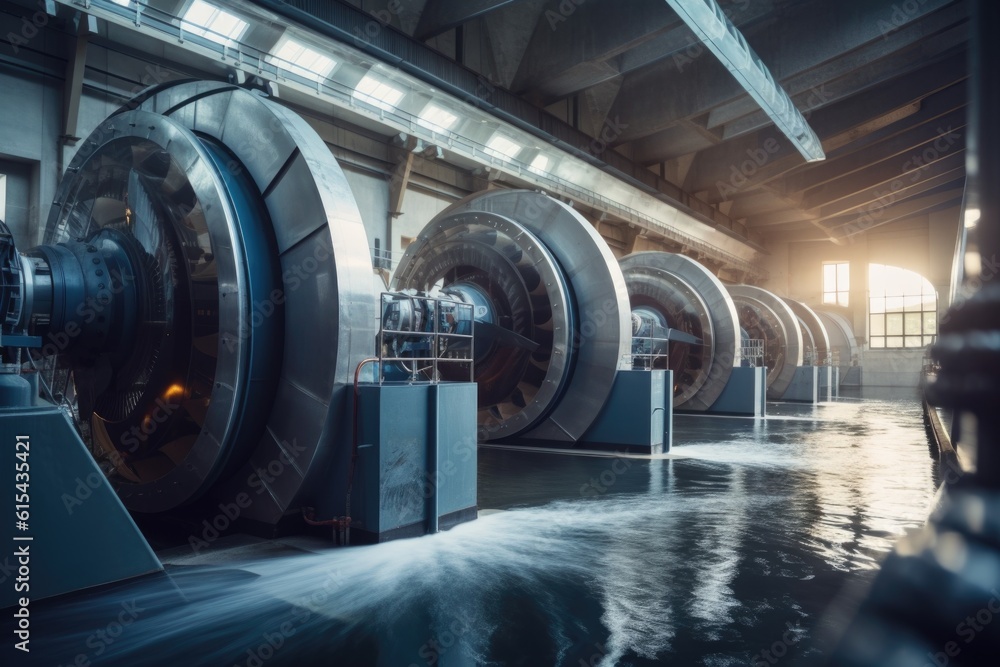 hydroelectric power plant with massive turbines and machinery in motion ...