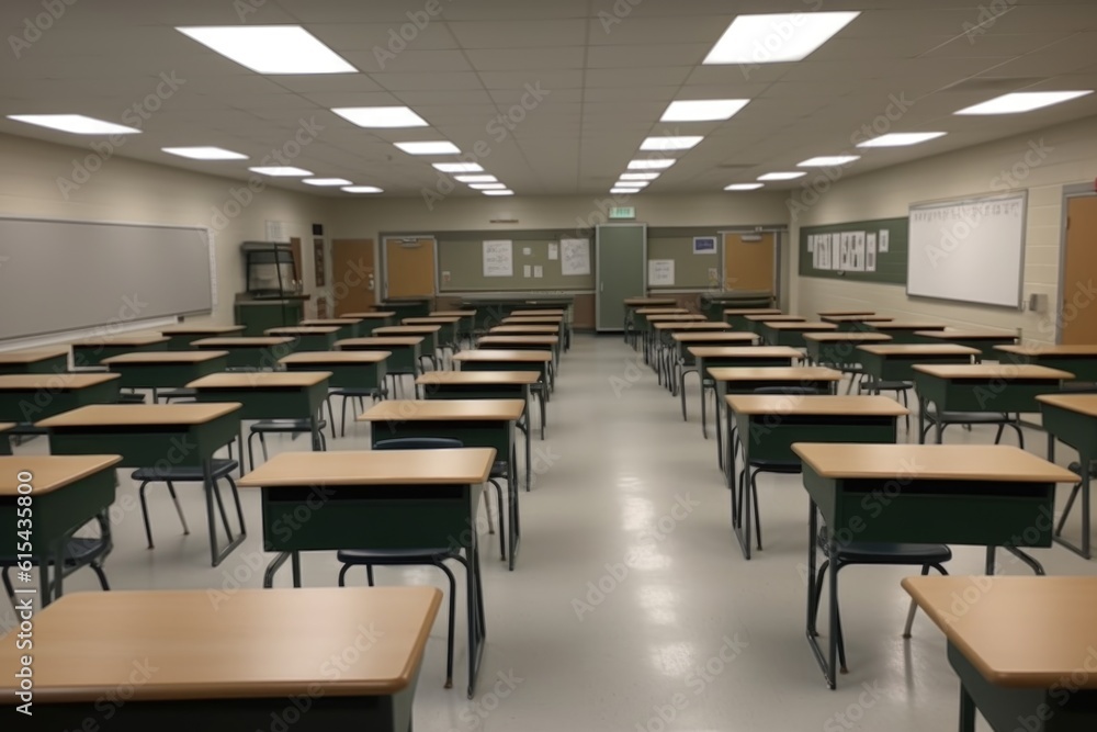 an empty classroom with rows of desks, ready for students to arrive and ...
