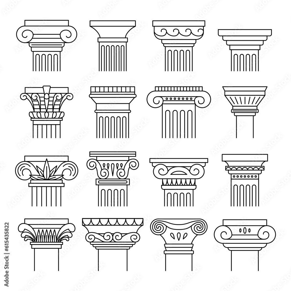Ancient Columns Black Thin Line Icon Set Include of Ionic, Doric and ...