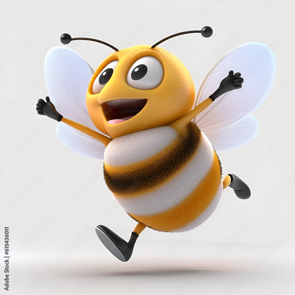 a cartoon bee with a happy face and arms, with one foot in the air and ...