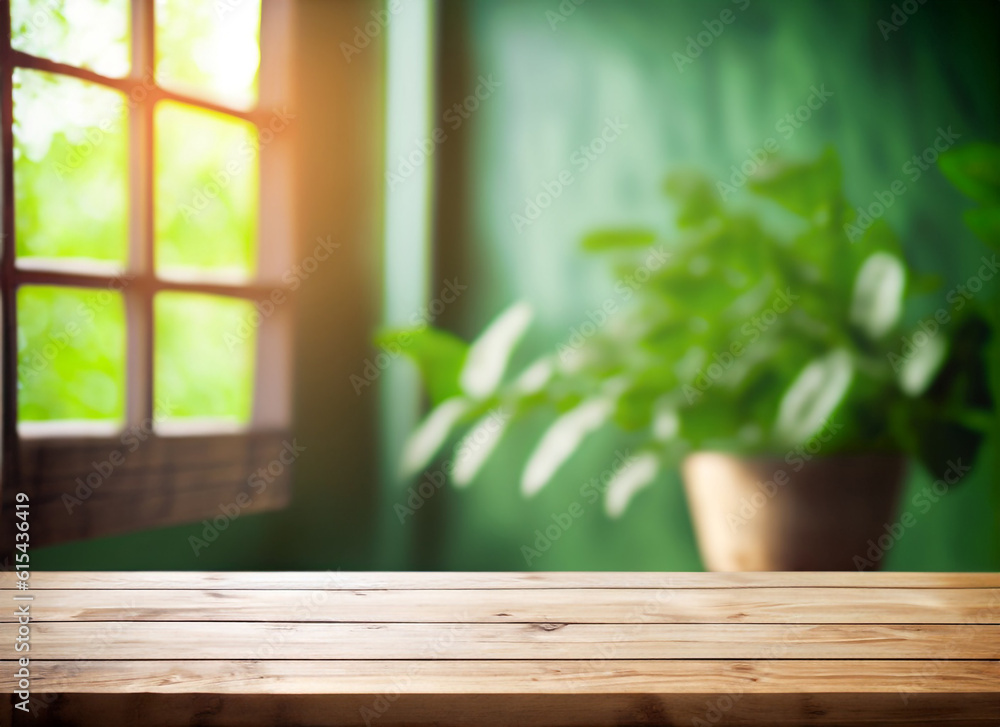 Wood table with sunlight window green wall background blurred interior ...