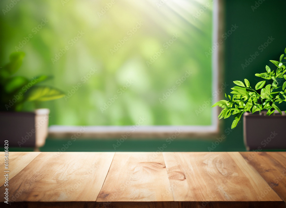 Wood table with sunlight window green wall background blurred interior ...