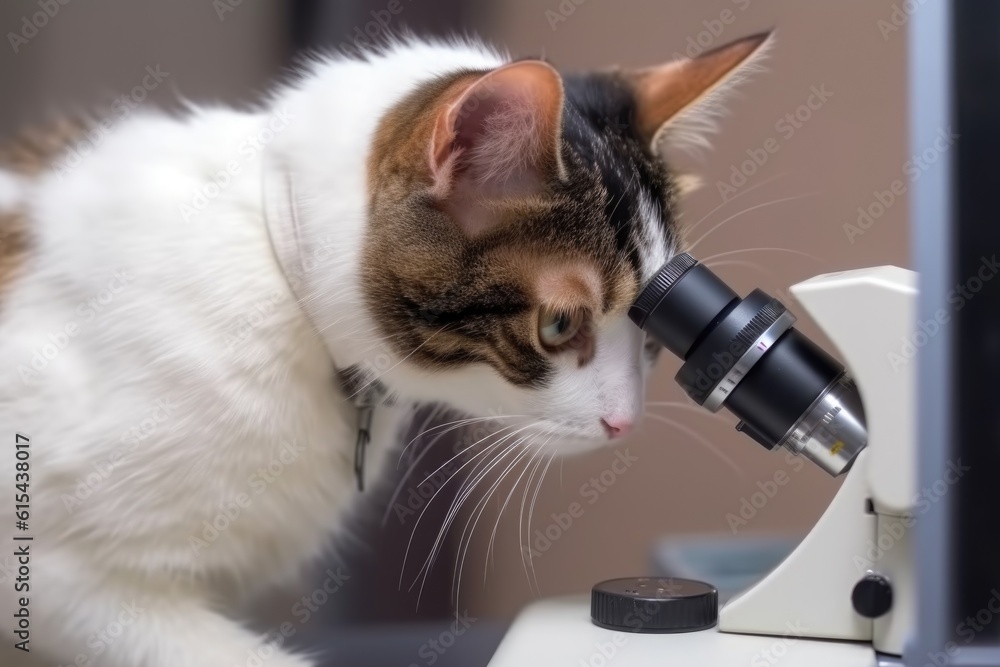 feline scientist using microscope to examine cells under the microscope ...