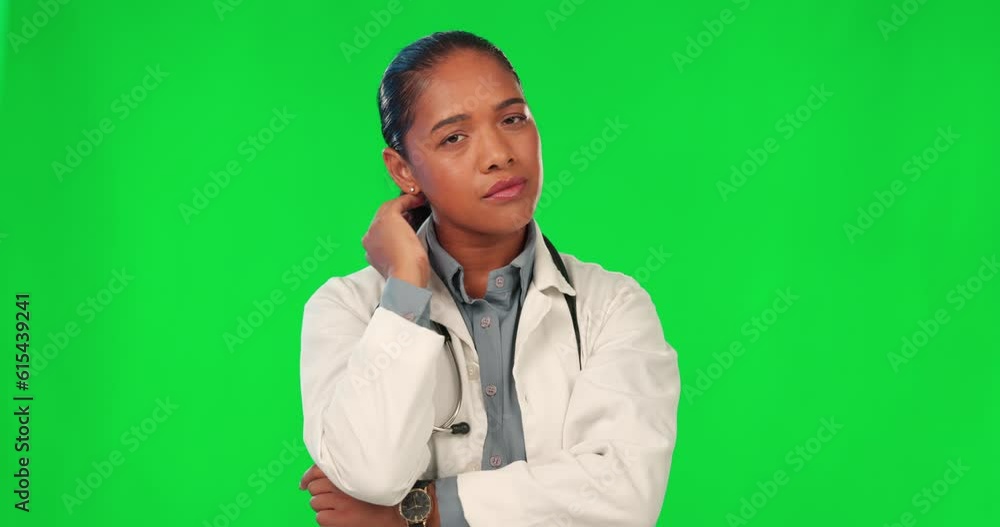 Green screen, doctor and woman with neck pain, face and suffering on a ...