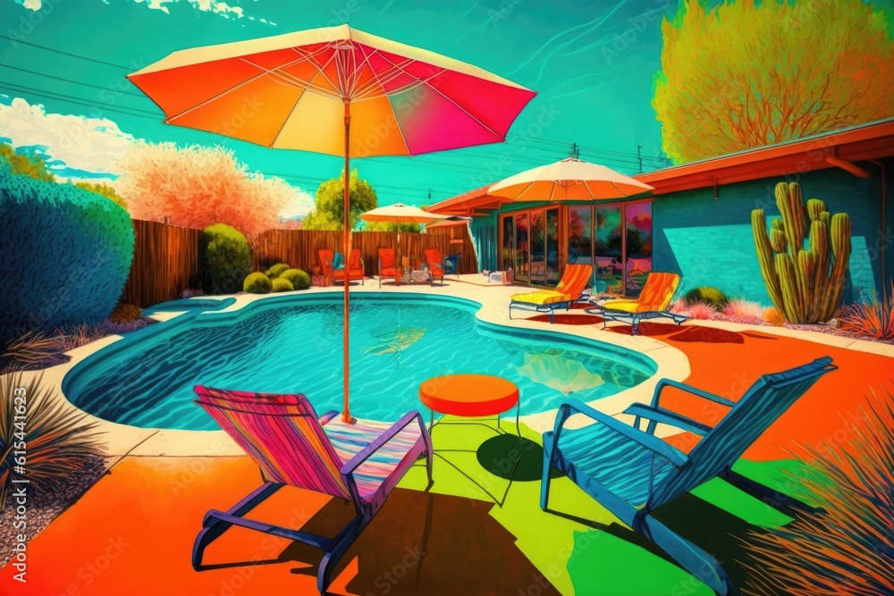 colorful swimming pool with lounge chairs and parasols on the deck ...
