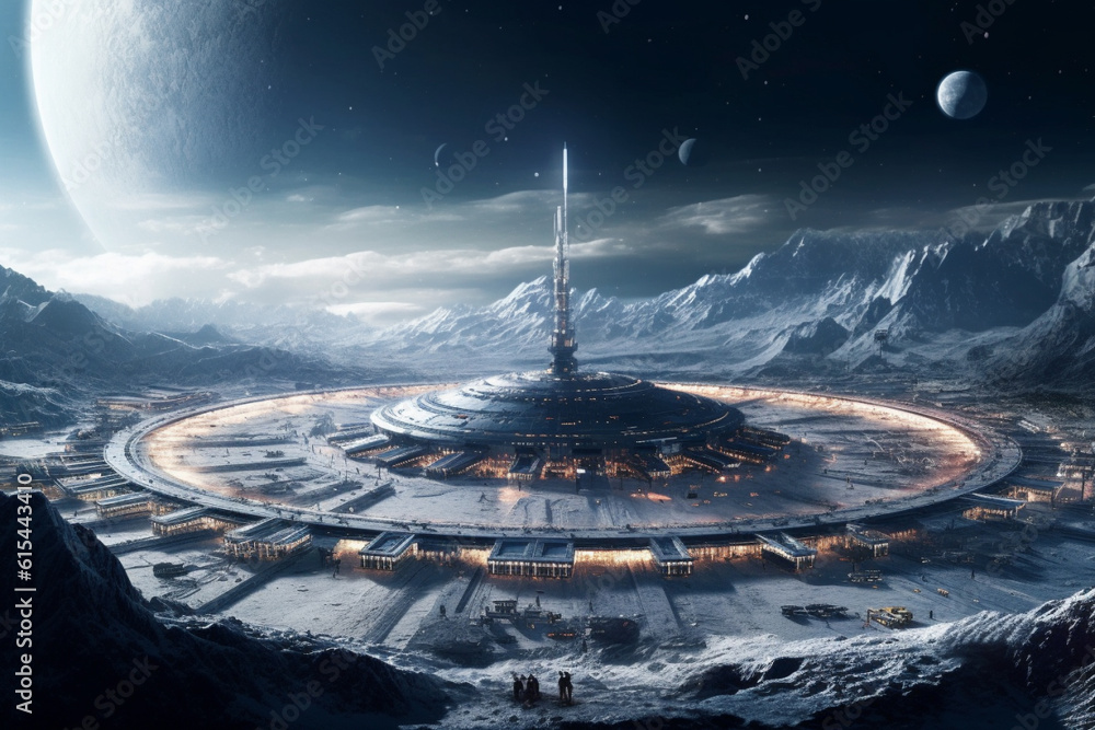 Sci fi futuristic alien base thriving on the enigmatic lunar landscape ...