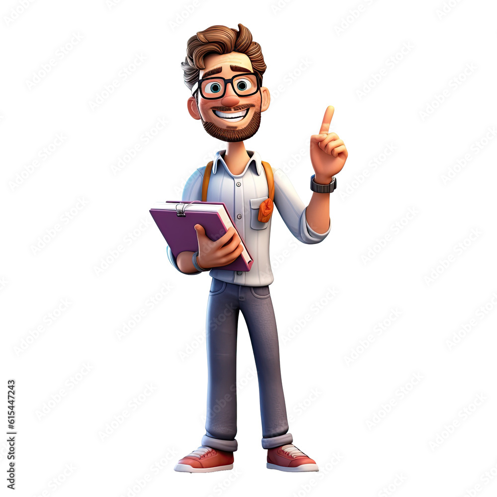 3D Cute cartoon male teacher character on transparent background ...
