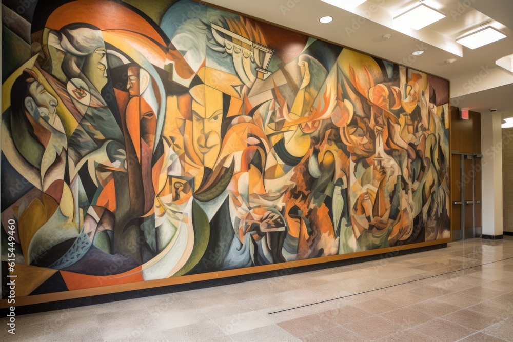 cubist-inspired mural, depicting disparate images and objects in a ...