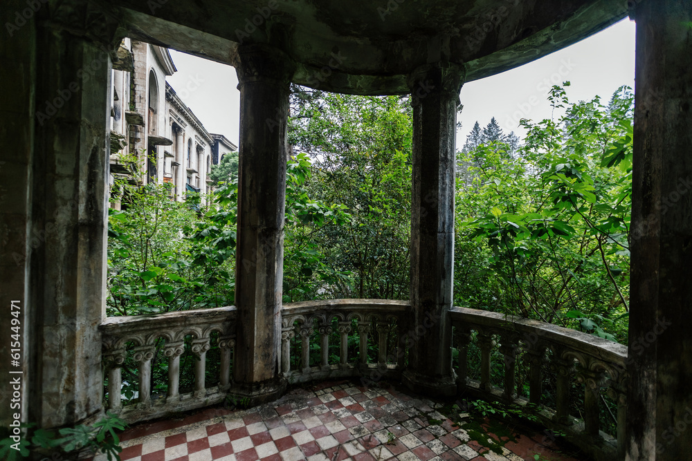 Old overgrown balcony in old abandoned mansion Stock Photo | Adobe Stock