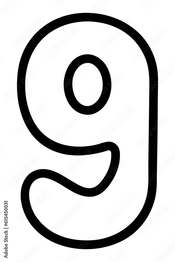 Nine. Number nine with rounded corners. Arabic number symbol. Sketch ...