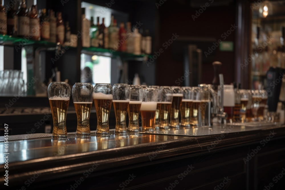 classic bar scene with row of draught beers and shot glasses on the ...