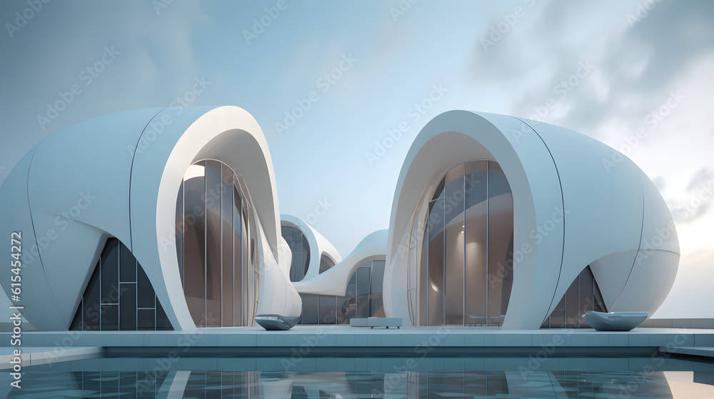 A modern, abstract building with a sleek design features a pool ...