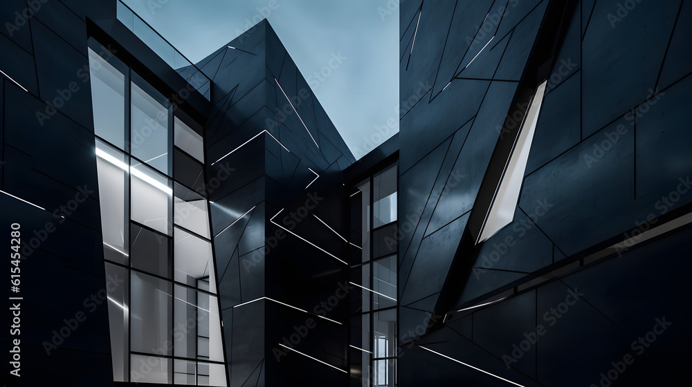 Modern office building. An abstract black building stands out against ...