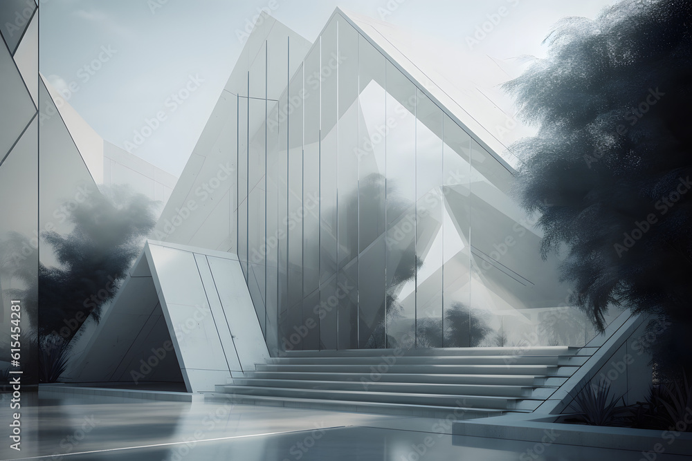 A modern building with a striking glass wall in a triangular shape ...