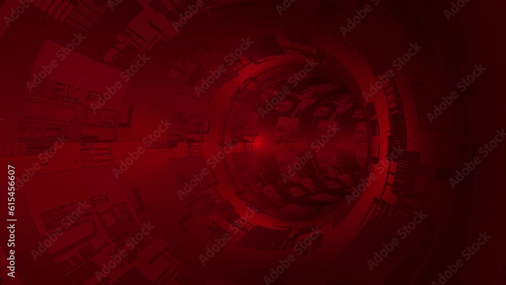 Animated red sci-fi circular tunnel with electronic circuit board ...