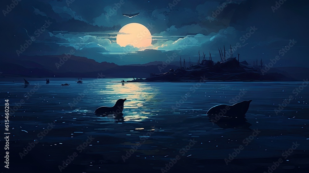 Fantasy landscape illustration with whales in the water at dark night ...