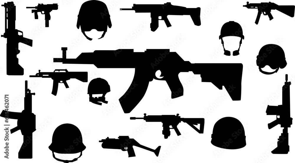Weapons silhouette set. Collection of various realistic firearms ... Weapons silhouette set. Collection of various realistic firearms ...
